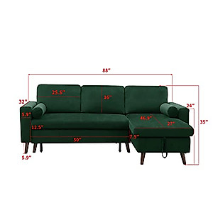 Takefuns Modern Sectional Storage Sofa Bed, Reversible Velvet Upholstered Sectional Sleeper Sofa with Storage Chaise and Wooden Legs, for Living Room, Green