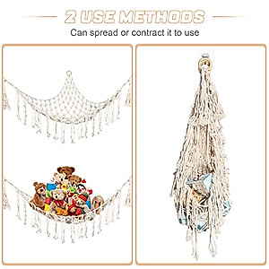 Cabilock Macrame Toy Hammock Macrame Hanging Net Kids Hanging Toys Fruit Basket Boho Wall Baskets Organizer Baskets Countertop Space Saver for Fruits Vegetables Corner Stuffed Animal Hammock