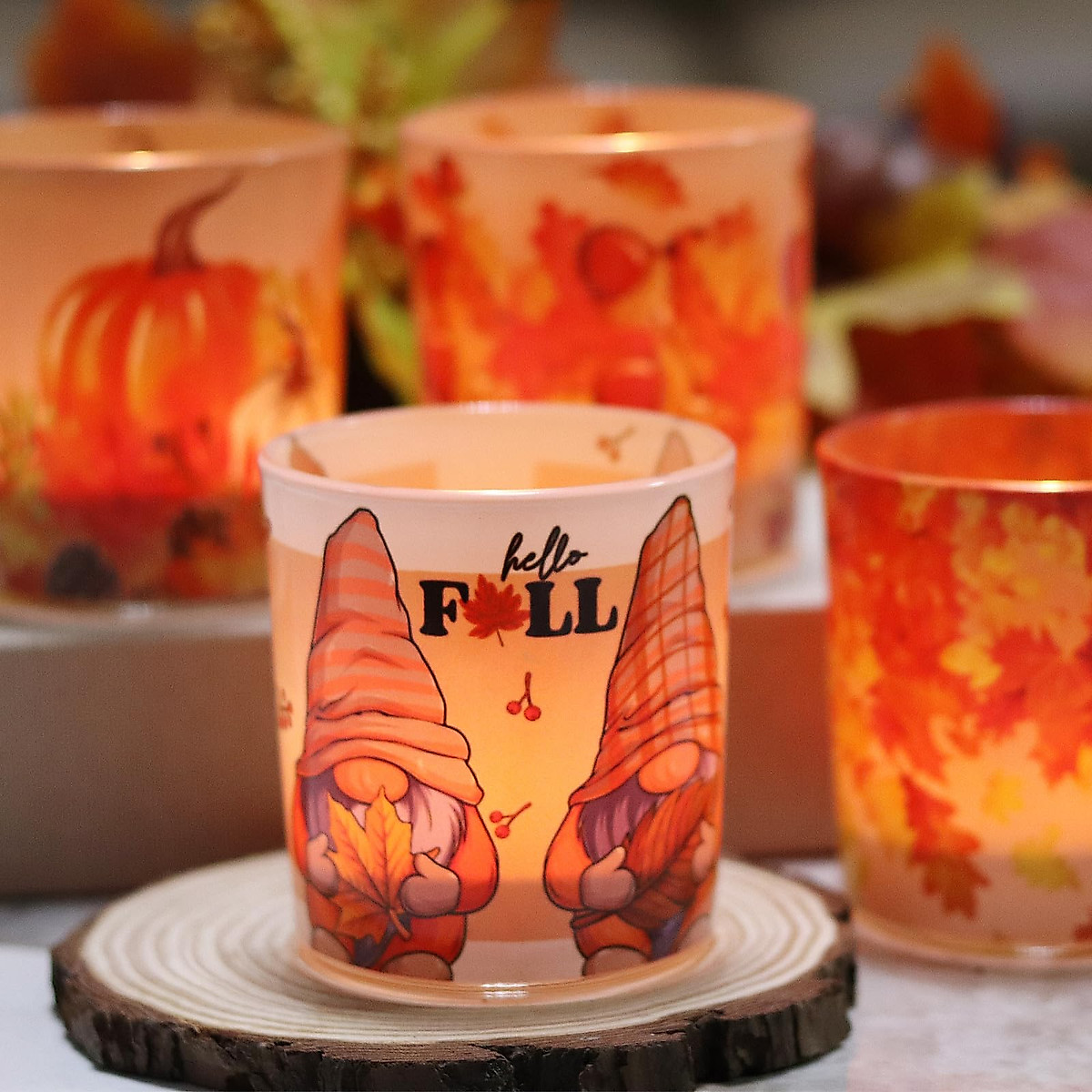 Thanksgiving Table Decoration, Fall Votive Candle Holders 4PCS, 3" Glass Candle Jars, SHMILMH Tealight Candle Holders for Thanksgiving Table Centerpieces, Fireplace, Mantel, Orange