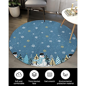 Christmas Snowman Fluffy Round Area Rug Carpets 3.3ft, Plush Shaggy Carpet Soft Circular Rugs, Non-Slip Fuzzy Accent Floor Mat for Living Room Bedroom Nursery Home Decor Blue Winter Tree Snowflake