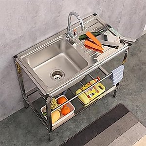 Outdoor Stainless Steel Kitchen Sink, Free Standing Commercial Single Bowl Sink Set with Storage Shelves & Drain Kit for Washing Room Backyard Garage