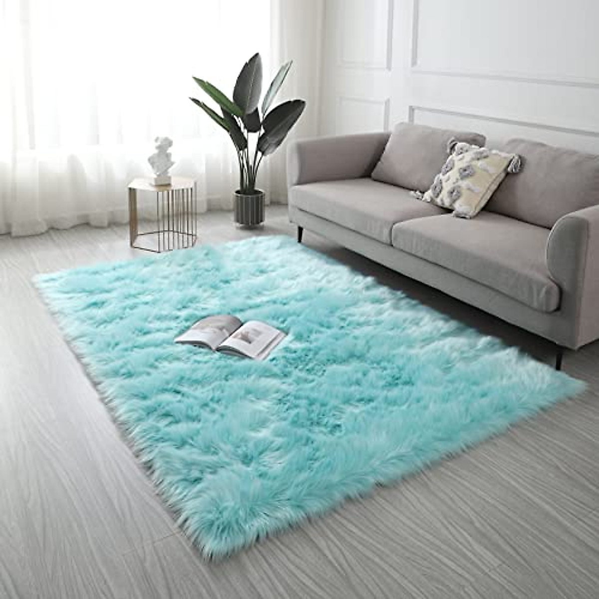 60" x 35" Ultra Soft Fluffy Faux Fur Sheepskin Area Rug, Thick Fluffy Faux Fur Washable Rug, Shag Carpet Rugs, Soft Floor Plush Carpets for Nursery Room, Bedroom, Luxury Home Decor, Teal