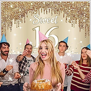 Happy Sweet 16th Birthday Banner Backdrop Decorations for Girls, Gold White Sweet 16 Birthday Sign Party Supplies, Sixteen Year Old Birthday Photo Booth Background Poster Decor(72.8 x 43.3 Inch)
