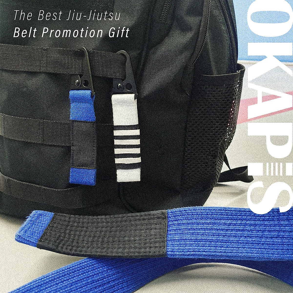 OKAPIS Jiu Jitsu Keychain BJJ Belt Promotion Gift Brazilian Jiu-Jitsu White Blue Purple Brown Black Belt Backpack Keyring (Blue)