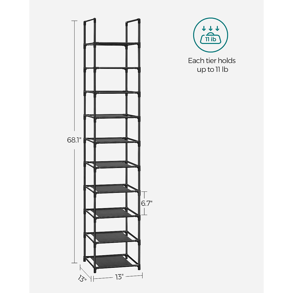 SONGMICS Shoe Rack, 10 Tier Shoe Shelf, Shoe Storage Organizer, Space-Saving, 13 x 13 x 68.1 Inches, Metal Frame, Non-Woven Fabric Shelves, for Entryway, Bedroom, Black ULSR110B02