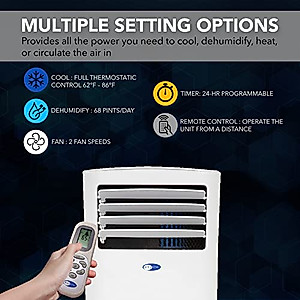 Whynter ARC-102CS Compact Size 10,000 BTU (7,000 BTU SACC) Portable Air Conditioner, Dehumidifier, and Fan with Activated Carbon and SilverShield Filters, for Rooms up to 300 sq ft in White