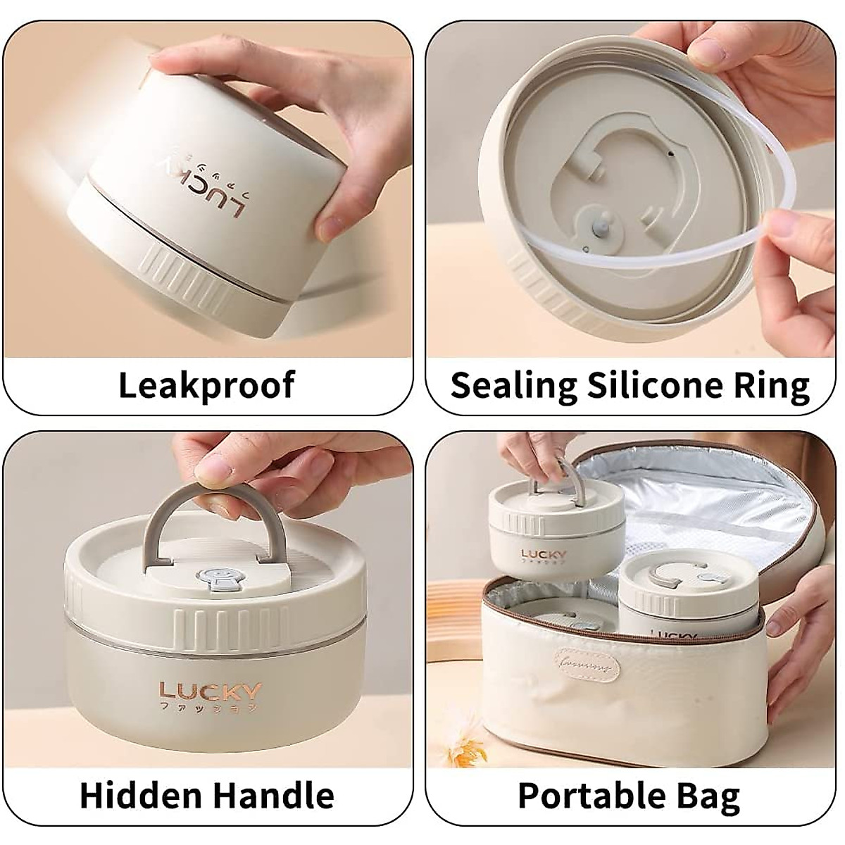 ArderLive Portable Insulated Lunch Container, Portable Insulated Food Container for Adults Thermal Lunch Bento Box Stainless Steel Microwave Safe, Beige 2Pcs 34oz/4.25 Cup