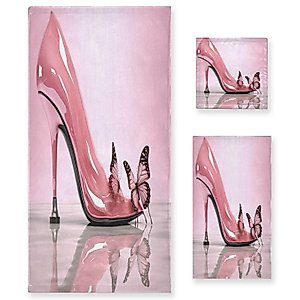 Flradish Pink High Heels Towels 3 Pack Bath Towels for Bathroom Set Soft Cotton Highly Absorbent Lightweight & Quickdry Towel Set 1 Bath Towel,1 Hand Towel,1 Washclothe