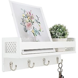 Satauko Coat Hooks Wall Mounted with Shelf, Entryway Hanging Shelf with 4 Metal Hooks, Wooden Floating Shelves for Kitchen Spice Rack Storage, White Wall Shelves Organizer for Bathroom, Bedroom.