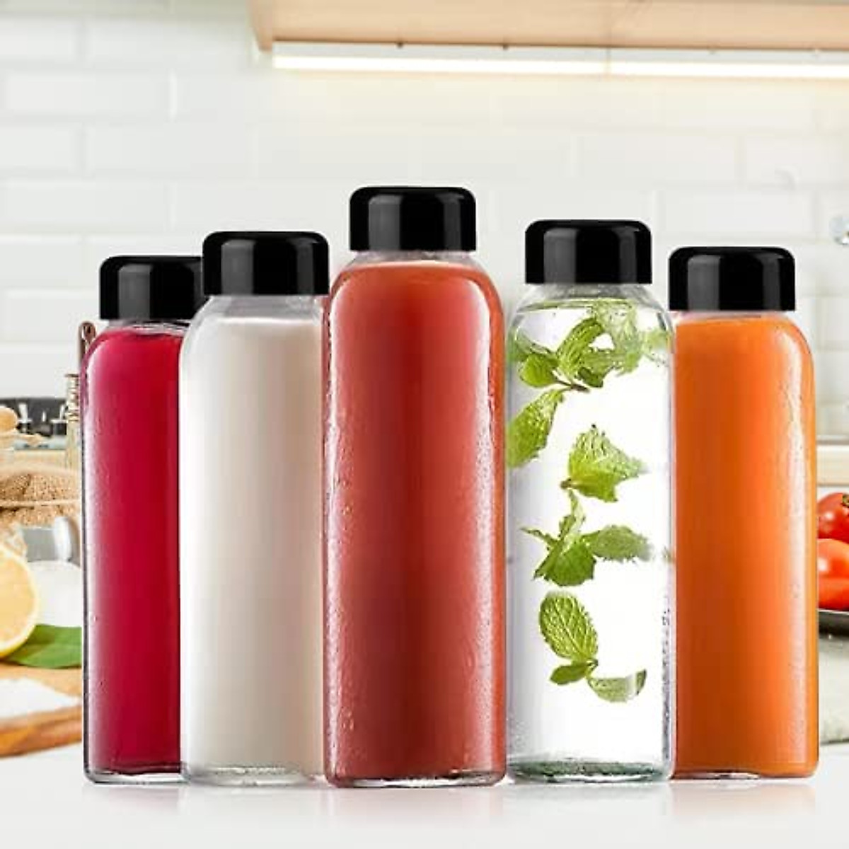 Datttcc 15 Oz Glass Water Bottles,Glass Juicing Bottles With Airtight Black Plastic Caps,Reusable Water Containers for Water,Juicing,Kombucha,Tea,Smoothies(16 Pack)