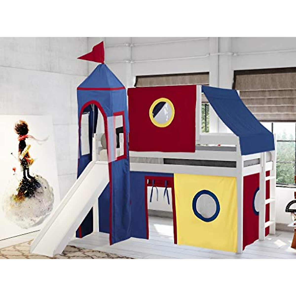 JACKPOT! Castle Low Loft Bed with Slide Red & Blue Tent and Tower, Loft Bed, Twin, White