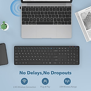 WisFox Wireless Keyboard, Ultra Slim Silent Computer Keyboard, Full Size 2.4G USB Keyboard with Number Pad for PC/Desktop/Laptop/Notebook, Black