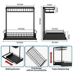 Under Sink Organizer, Painted Steel Under Cabinet Basket Organizer, Sliding Under Sink Storage with Handles, Black Bathroom Organizer Under Sink, Multi-purpose Cleaning Supplies Organizer for Kitchen