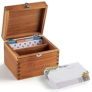 LUTANI Acacia Recipe Box with Cards - Blank Recipe Box Wooden Set Come with 50 4x6 Recipe Cards, 8 Dividers, Cards Made with Thick Card Stock. Perfect Recipe Organizer (Acacia Wood)