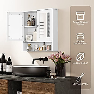 COSTWAY Bathroom Cabinet Wall Mounted - Over The Toilet Wall Storage Cabinet with 2 Mirror Doors and Adjustable Shelf, Hanging Medicine Cabinet for Bathroom, Living Room, Kitchen (White)