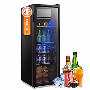 AXUTL Beverage Fridge Glass Door with Freezer 4.5 Cu.ft Small Beverage Refrigerator, Apartment Size Refrigerator Compact Drink Fridge Mini Wine Beer Cooler Office/Bar/Bedroom