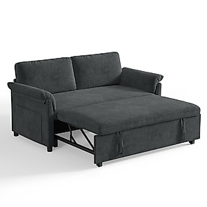 ONBRILL 60" Convertible Sofa Bed, 3 in 1 Loveseat Sleeper Sofa Couch Bed with Pull-Out Bed, Chenille Pull Out Sofa Bed w/Adjustable Backrest, Side Pockets, Black Small Couches for Living Room, Bedroom