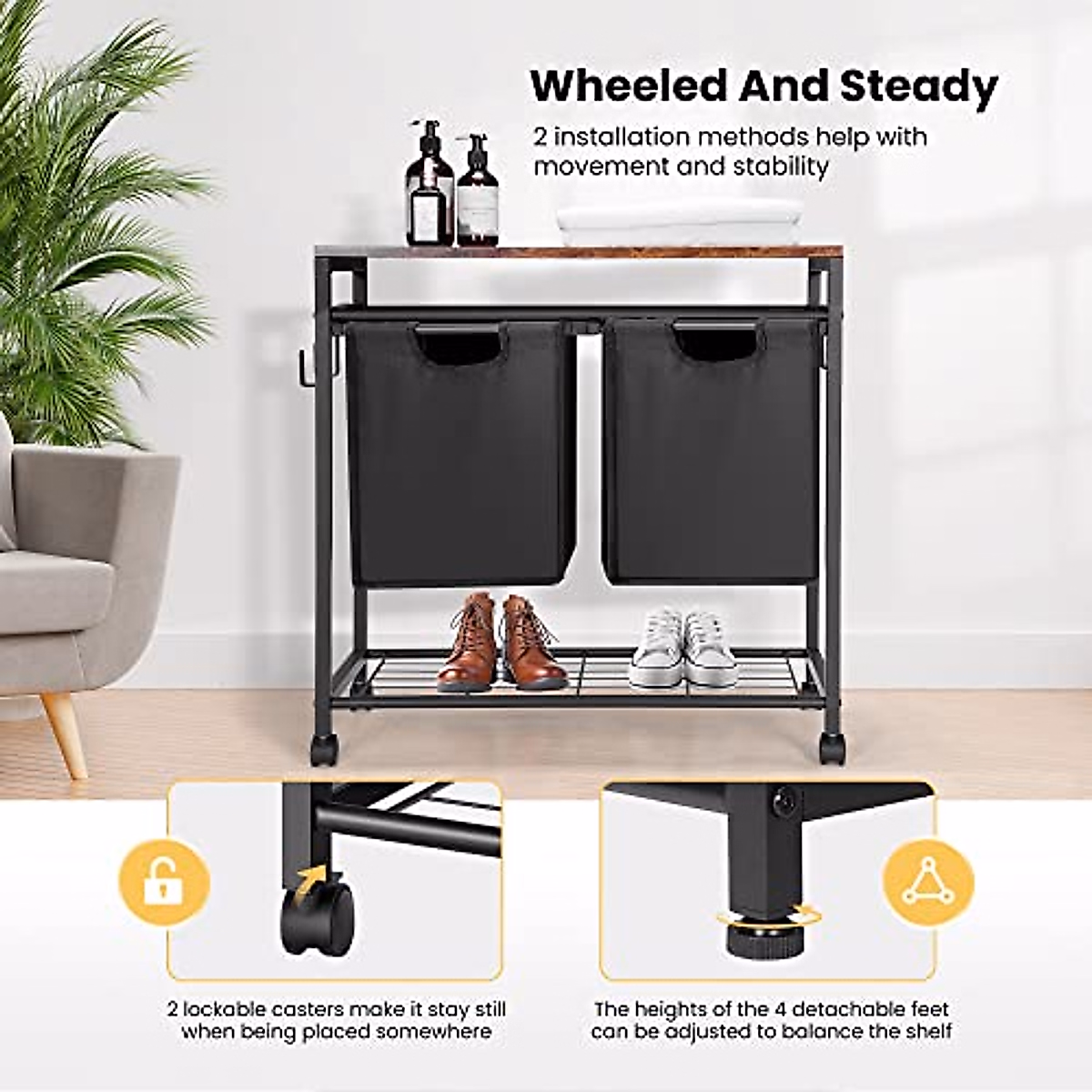 VIVOHOME Pull Out Laundry Hamper, 2-Compartment Laundry Basket with Shelf and Wheels, 2 x 30L Removable 600D Oxford Fabric Laundry Bags, Rustic Brown and Black