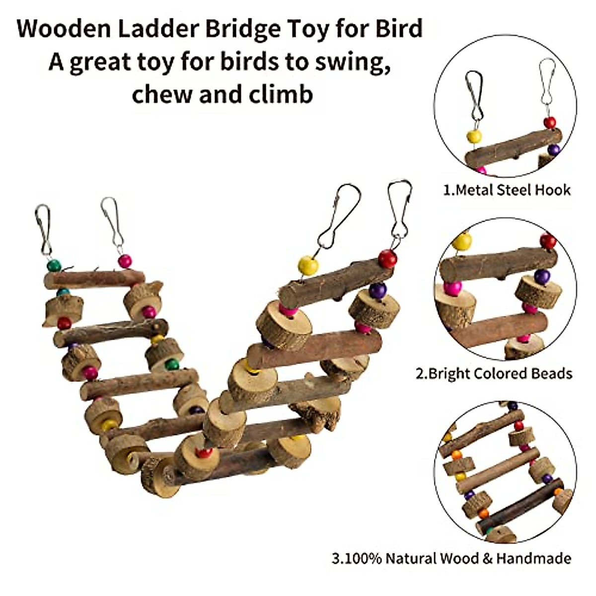 FrgKbTm Bird Parrot Ladder Swing Bridge Natural Wooden Pet Hanging Chewing Toy Bird Cage Accessories for Hamster, Lovebirds, Conures, Macaws, Lovebirds, Finches (1pc 10 ladders 18.1 inches)
