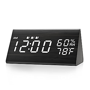 Digital Alarm Clock, with Wooden Electronic LED Time Display, 3 Alarm Settings, Humidity & Temperature Detect, Wood Made Electric Clocks for Bedroom, Bedside… (Black)
