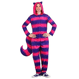 Adult Cheshire Cat One-Piece Womens, Mysterious Grinning Cat Halloween Costume, Purple and Pink Animal Bodysuit Medium