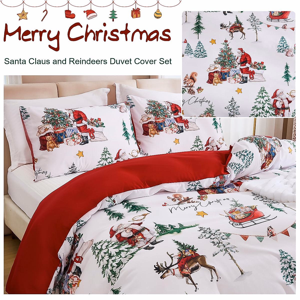 Christmas Duvet Cover Set Queen Size Santa Claus Snowman Christmas Tree Bedding Set, Microfiber Red Xmas Comforter Duvet Cover with Pillowcases Festive Winter Holiday Decor(Zipper Closure,90''x90'')