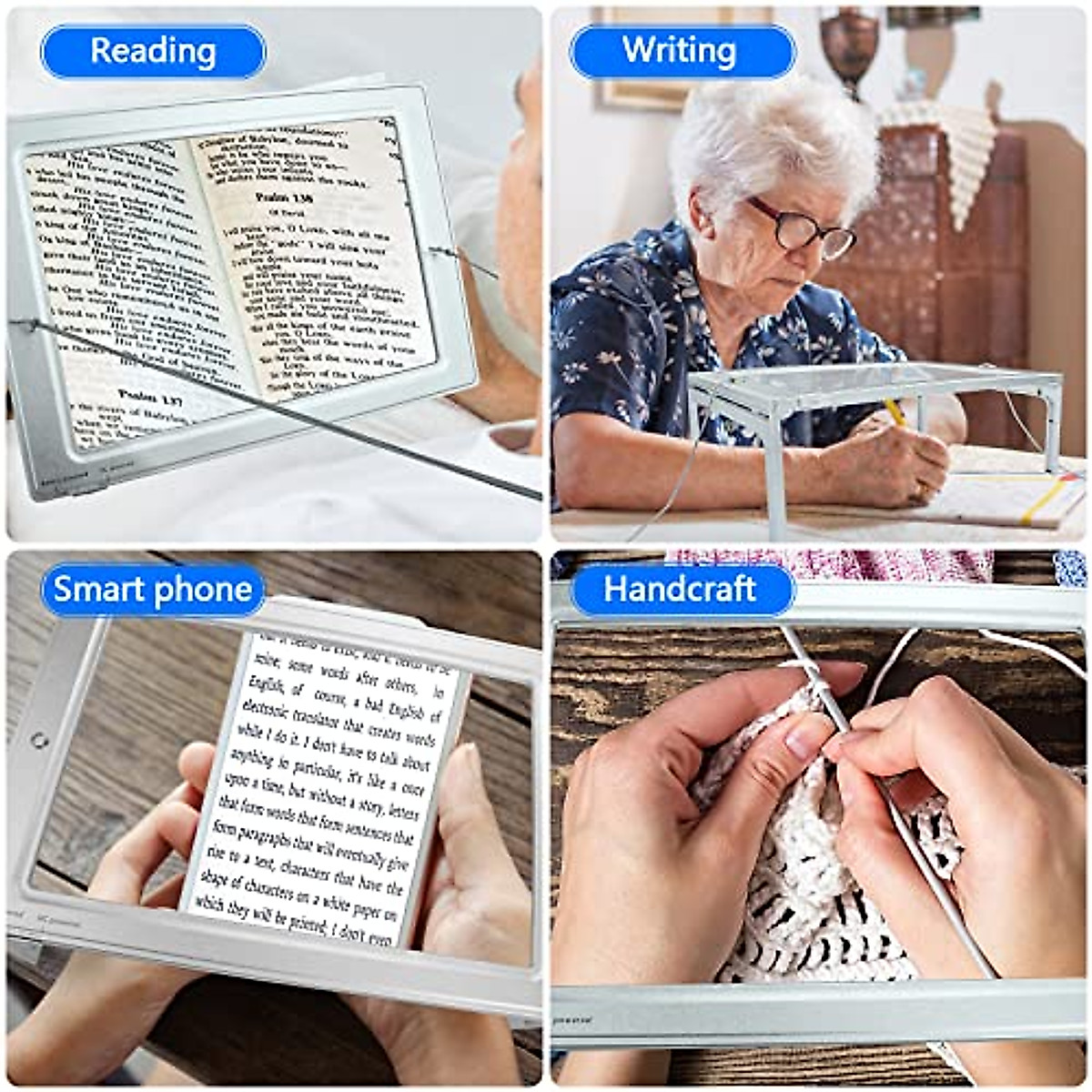 Magnifying Glass with Light and Stand, Silver 4X Page Magnifier for Reading, Foldable 50 LED Large Magnifying Glass Ideal for Seniors, 2 Power Options, 3 Usage Modes