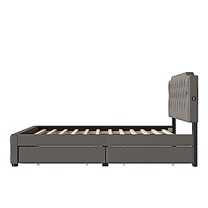 Prohon Queen Size Bed Frame w/ 2 Drawers and Two Sets USB Ports, Upholstered Platform Bed with Button Tufted Trim Headboard, Velvet Linen Wooden Bed Fram No Box Spring Needed, Gray