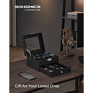 SONGMICS 8-Slot Watch Box, Lockable Watch Case with Glass Lid, 2 Layers, with 1 Drawer for Rings, Bracelets, Gift Idea, Black Synthetic Leather, Black Lining UJWB080B01