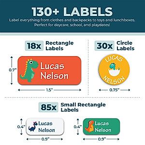 Bunny Badges Personalized Daycare Name Labels (130 Labels) - Custom Waterproof Name Stickers for Clothing Tags, Water Bottles, Lunch Boxes and School Supplies (Dinosaurs)