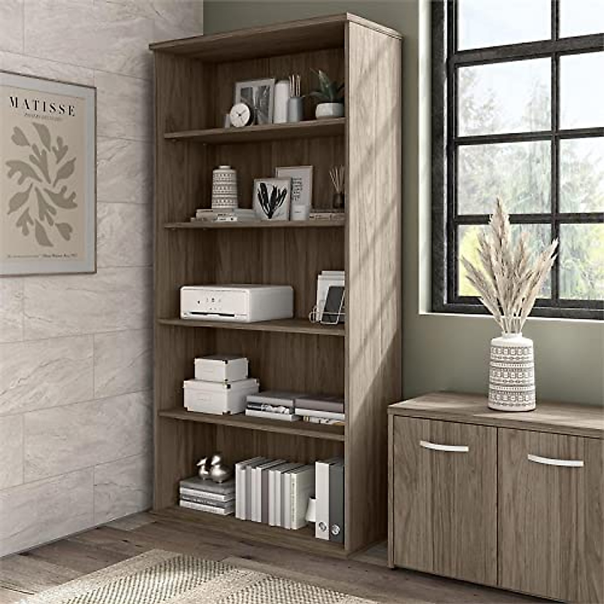 Bush Business Furniture Hybrid Tall 5 Shelf Bookcase in Modern Hickory