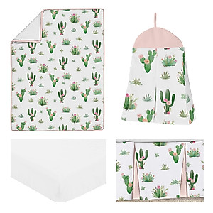 Sweet Jojo Designs Pink and Green Boho Watercolor Cactus Floral Baby Girl Crib Bedding Set 4 pieces