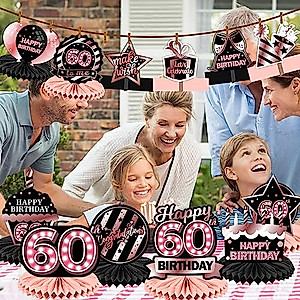 Happy 60th Birthday Rose Gold and Black Table Honeycomb Centerpieces Balloons Theme Decor Table Decorations Table Toppers for Girls Women Princess 60 Years Old Birthday Party Bday Supplies Background