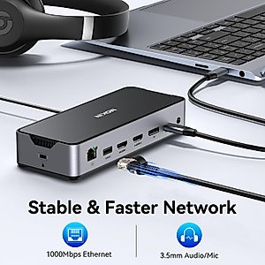 USB C Docking Station 3 Monitors Laptop USB C Dock Dual Monitor with 2 HDMI DisplayPort 4K144Hz,USB A 2.0/3.0,USB C 3.1 10Gbps&30W Output,Ethernet,MicroSD&SD,Audio&Mic,150W DC Power for Dell/Lenovo/HP
