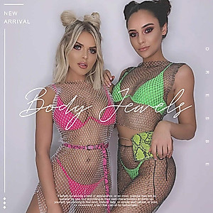 DRESBE Rhinestone Mesh Body Chains Hollow Tank Tops Bikini Crop Top Party Body Jewelry Accessories for Women (White-O Neck-M)