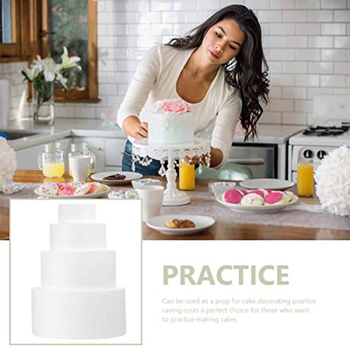 Round Foam Cake Dummies in 4 Sizes, Wedding Cake Dummy Set for Decorating and Crafts, Baking Displays, Cake Decorating Practice Dummy, 4, 6, 8, 10 Inch