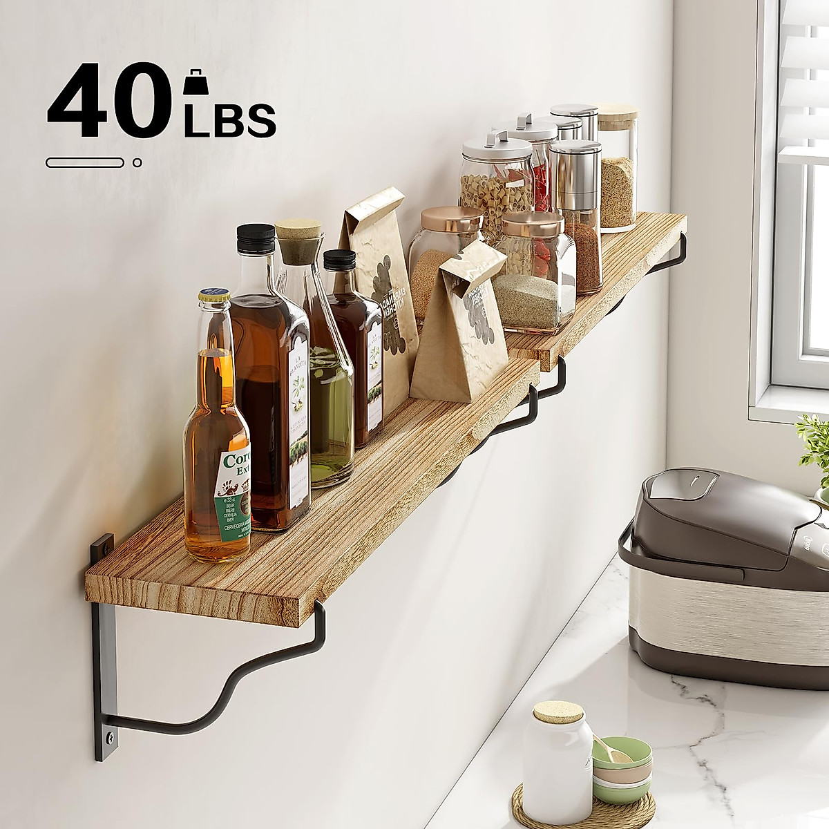 Inforth Wall Shelves, Wood Wall Mounted Shelves for Wall Storage, Floating Shelves for Wall Display with Metal Bracket, Hanging Shelves for Bedroom Kitchen Living Room (Wooden, 17 Inches)
