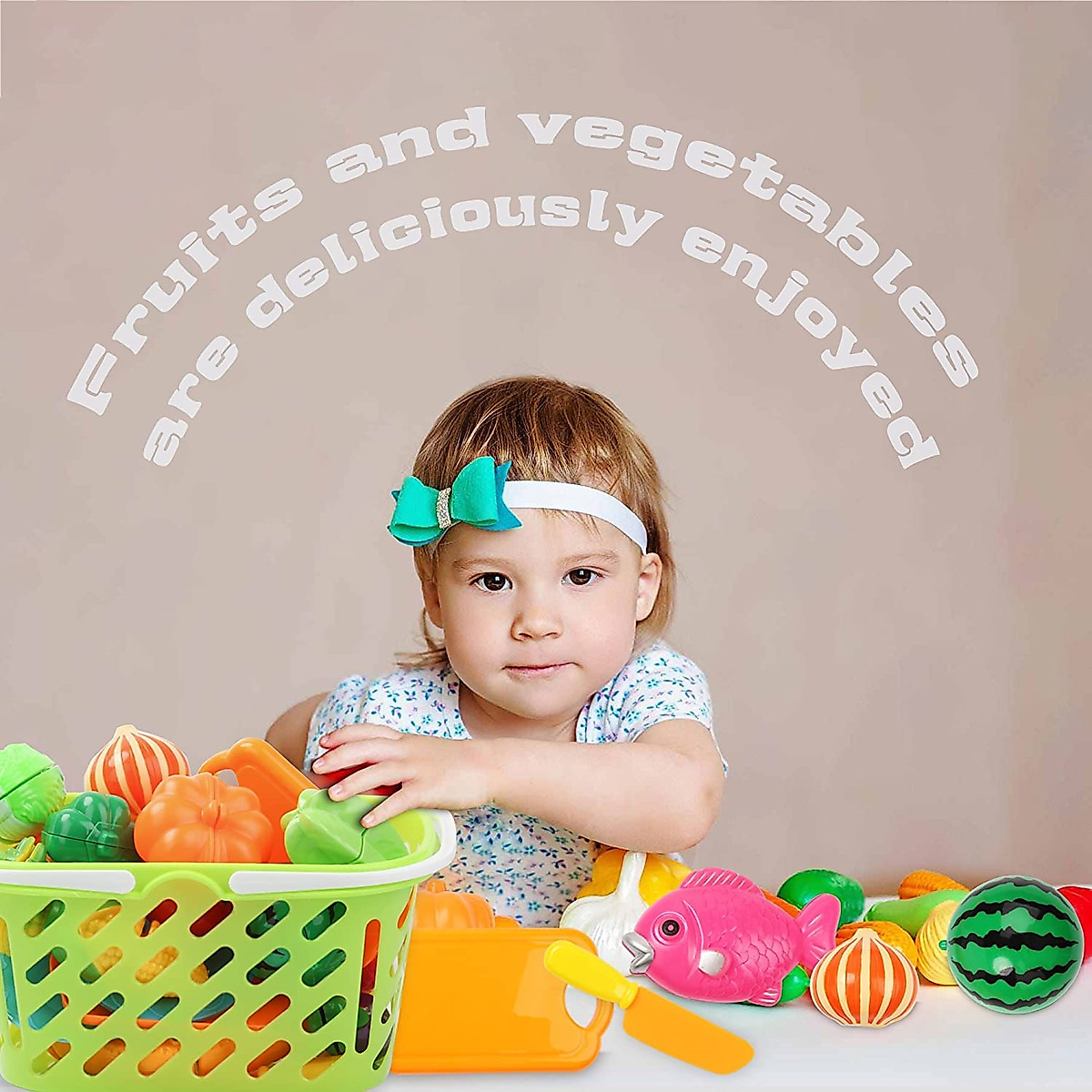 Cutting Play Food Set Kitchen Pretend - 40pcs Grocery Basket Toys Food for Kids Toddlers Girls Boys Educational Fake Fruits Vegetables Pizza Knife Dishes Playhouse Accessories Xmas Gifts