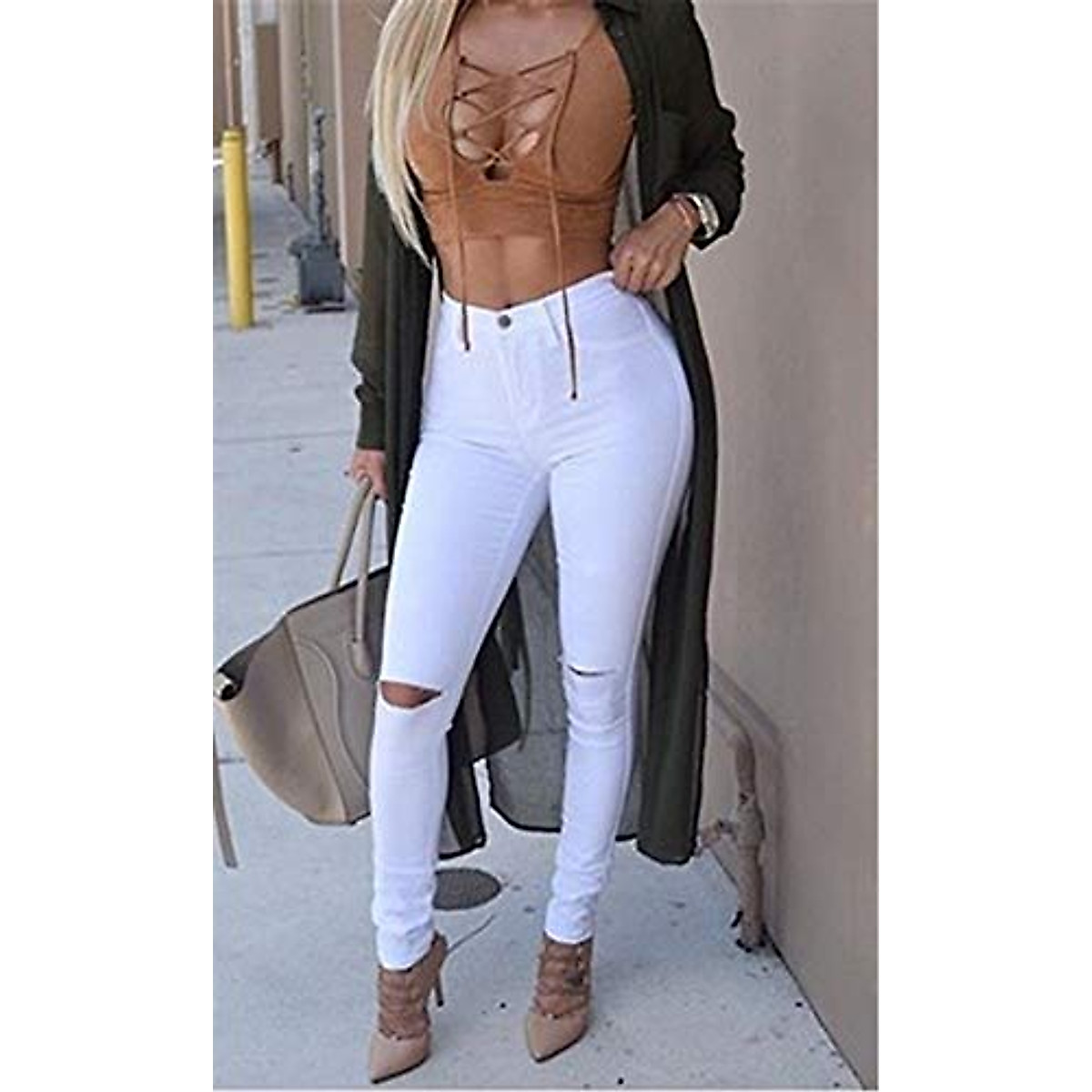 Andongnywell Women's Casual High Waist Ripped Skinny Jeans Slim Distressed Denim Pants with Pockets Trousers (White 1,XX-Large)