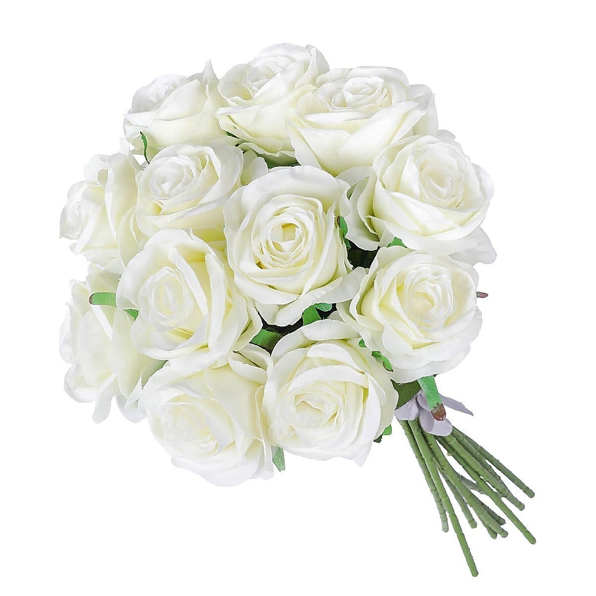 Kisflower 12Pcs White Roses Artificial Flowers, Realistic Single Stem Flowers Silk Rose Bouquet for Wedding Party Office Home Decor (White)