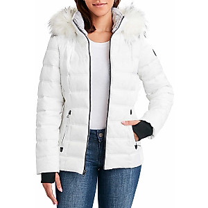 Nautica Womens Faux Fur Trim Hooded Midweight Puffer Jacket (Large, White)