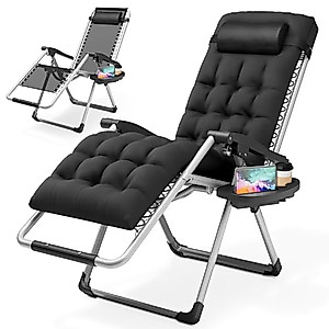Magshion Zero Gravity Chair with Cushion, Reclining Outdoor Patio Lounge Chair, Folding Indoor Anti Gravity Recliner, Portable Lounger with Removable Cup Holder Side Tray and Pillow Headrest (Black)