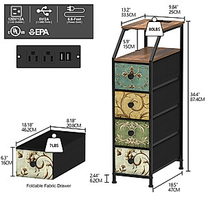 Tohomeor Narrow Dresser Tall Skinny Storage Tower Vertical Slim Chest of Drawers with Charging Station Small Nightstand Side Table for Bedroom, Bathroom, Small Spaces (Retro Flower, 4 Drawers)