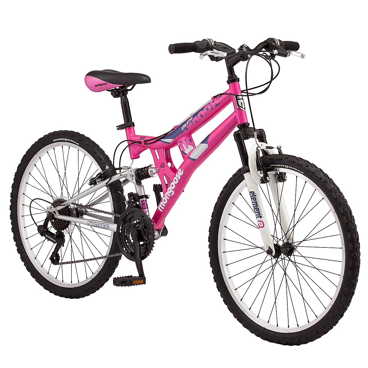 Mongoose Exlipse Full Dual-Suspension Mountain Bike for Kids, Featuring 15-Inch/Small Steel Frame and 21-Speed Shimano Drivetrain with 24-Inch Wheels, Kickstand Included, Pink