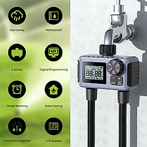 Sprinkler Timer 2 Outlet, Programmable Water Timer for Garden Hose, Rain Delay/Manual/Automatic System, Waterproof Digital Irrigation Timer System for Yard Outdoor Watering, Lawns and Pool