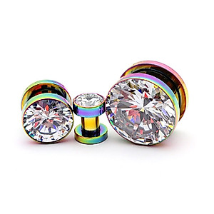 Mystic Metals Body Jewelry 316L Rainbow Stainless Steel Screw on Plugs with Single Press Fit Clear CZ gauges (PS-127) - Sold as a pair (6g (4mm))