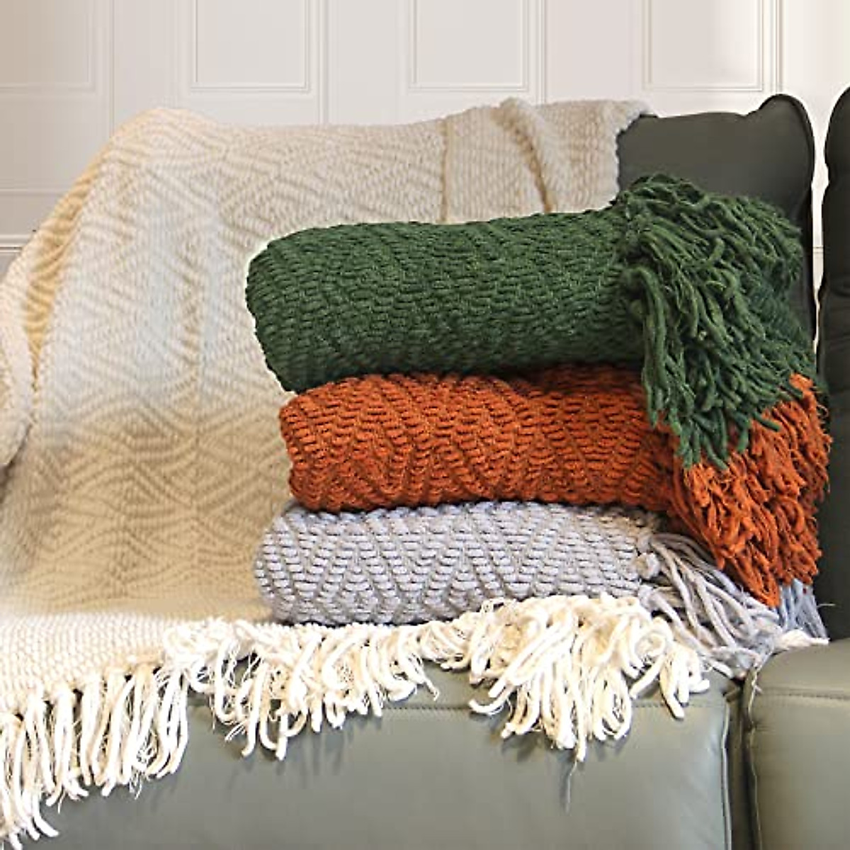 NakedCloud Knit Throw Blanket for Couch, Versatile Super Soft Warm Cozy Chenille Blanket with Tassels for Bed Sofa Chair,Decorative Woven Throw Blanket,Green 60 x 80 inches