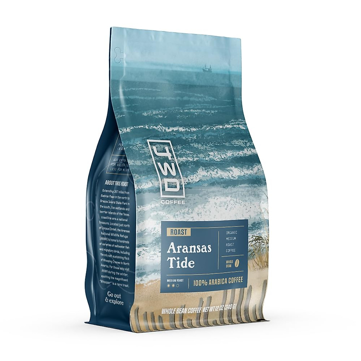 4wdCoffee Aransas Tide Organic Coffee - Whole Bean - Medium Roast - 12 oz Bag - Freshly Roasted in Texas - Coastal Inspired Flavor