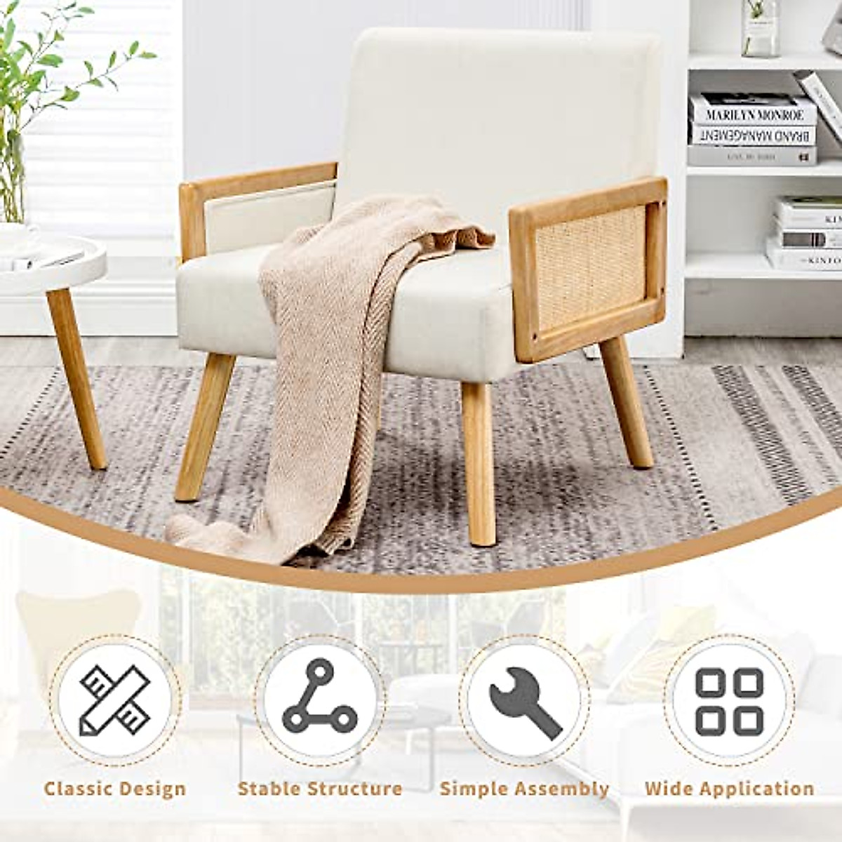 MELLCOM Beige Rattan Chair, Mid Century Modern Accent Chair, Upholstered Chairs with Bamboo Knitting and Solid Wood Legs, Comfy Linen Fabric Armchair for Club, Living Room, Bedroom,Beige-26.4''w
