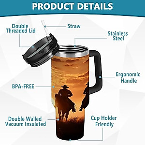 Flradish 30oz Tumbler with Handle, Desert Troops Cowboy under Sunset Stainless Steel Tumbler with Lid and Straws Double Wall Vacuum Insulated Leakproof Coffee Travel Mug